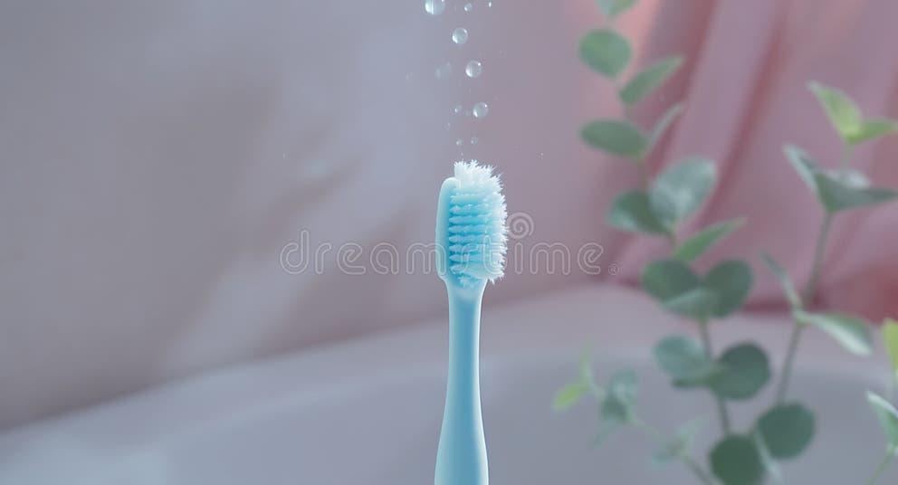 Light Blue Toothbrush with Water Droplets in Soft Bathroom Setting ...