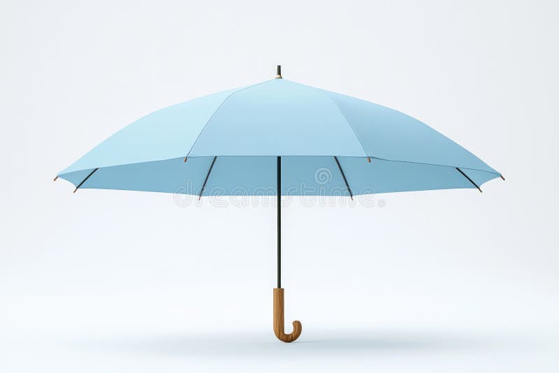 Light Blue Umbrella Open with Wooden Handle Standing on White ...