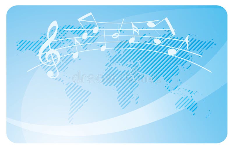 Light Blue Vector Card with Curved Music Notes and Abstract World Map ...