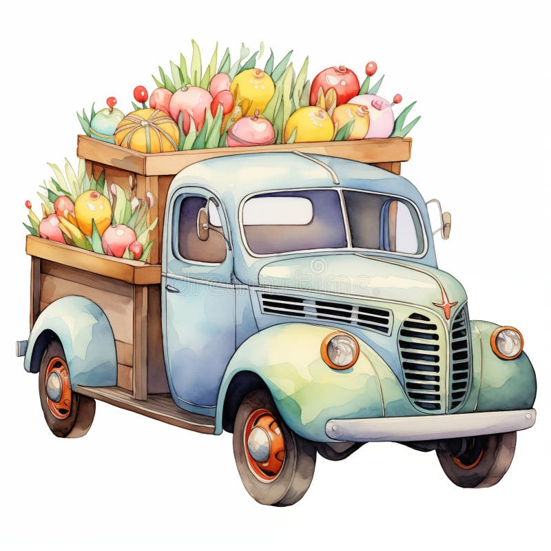 Light Blue Vintage Truck Full of Easter Eggs and Flowers in a Spring ...