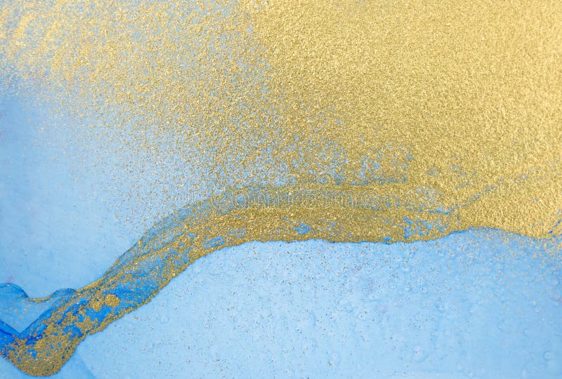 Light Blue Watercolor Pattern. Alcohol Ink Texture with Gold Layers ...