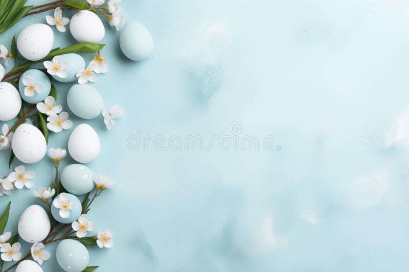 Light Blue and White Colored Easter Eggs with Blossom Cherry on Pastel ...