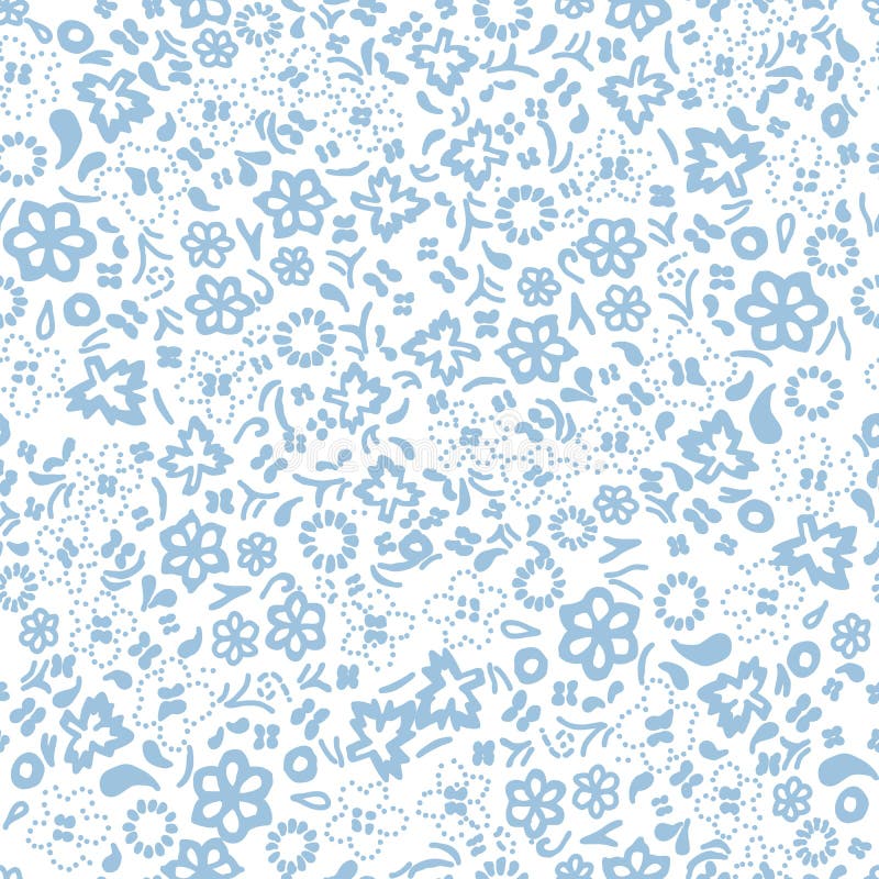 Light Blue on White Hand Drawn Random Flower and Leaf Seamless Repeat ...
