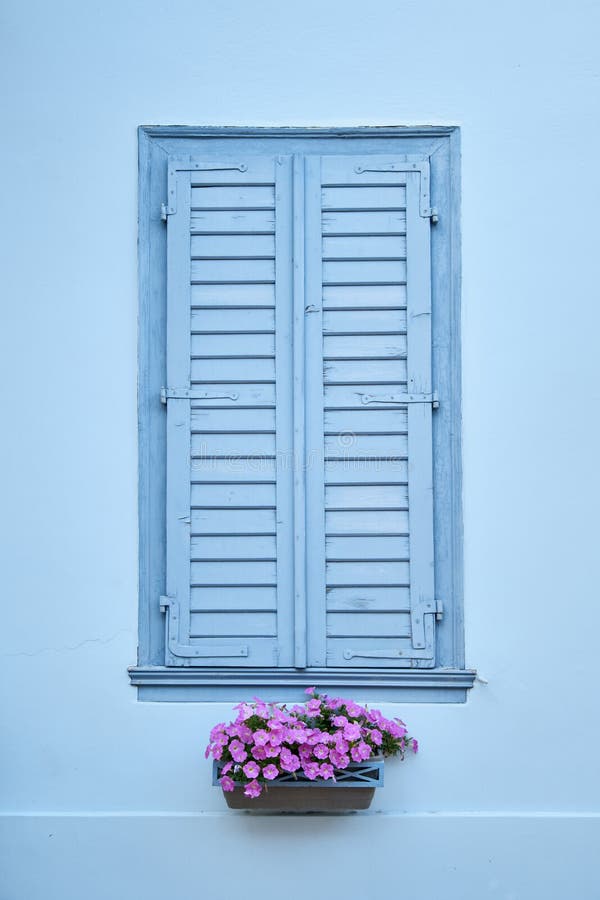Light Blue Window with Closed Shutters and a Basket of Violets, Greece ...
