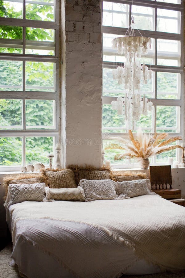 Light Boho Bedroom with Vintage Boho Details Stock Image - Image of ...