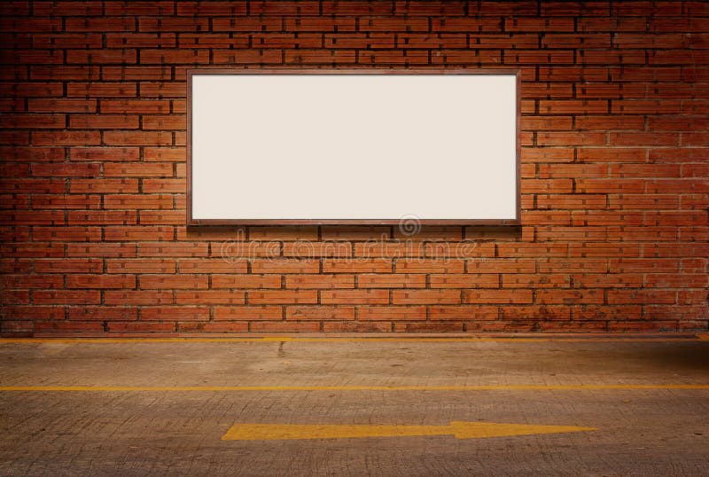 Light box or white board on brick grunge wall and street floor ...