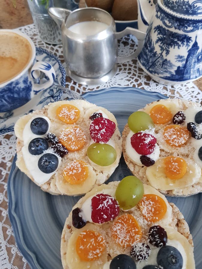 Light Breakfast in Blue and White Stock Image - Image of light, white ...