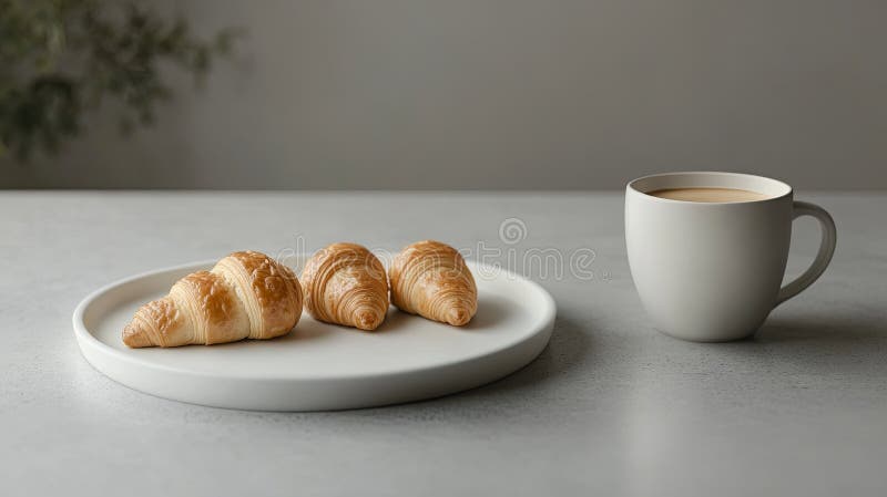 A Light Breakfast Scene with Croissants and Coffee on a Simple White ...