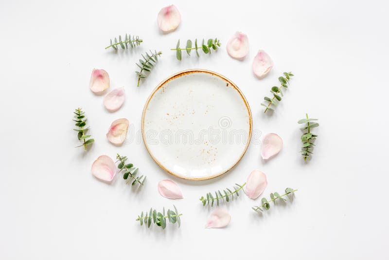 Light Breakfast with Spring Pattern on White Background Top View Mock ...