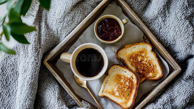 A Light Breakfast Tray with Toast, Jam, and Coffee on a Gray Blanket ...