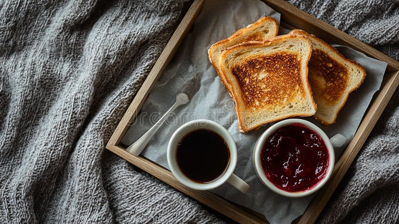 A Light Breakfast Tray with Toast, Jam, and Coffee on a Gray Blanket ...