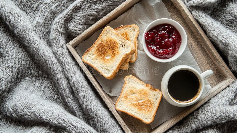 A Light Breakfast Tray with Toast, Jam, and Coffee on a Gray Blanket ...