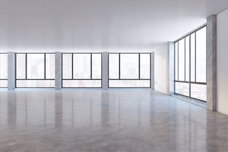 Light Bright Room Interior with Panoramic Windows, Reflections and ...