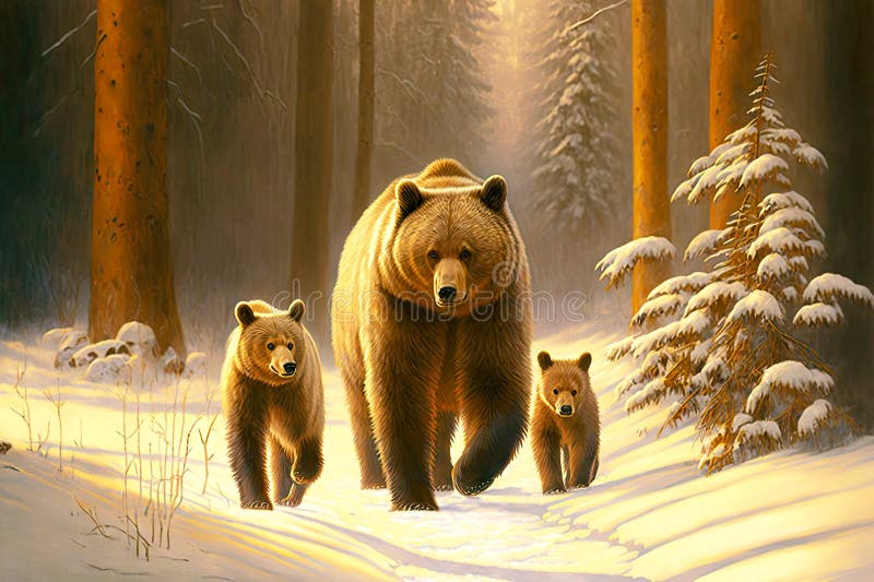 Light Brown Bear with Cubs Walks through Snow on Forest Path Stock ...