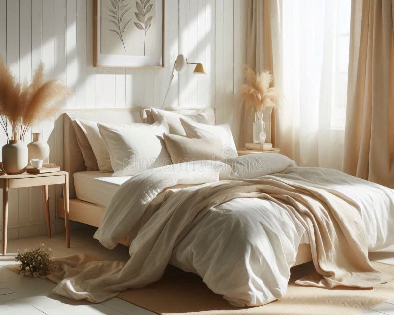Light Brown Bedding in White Room with Natural Light Stock Illustration ...
