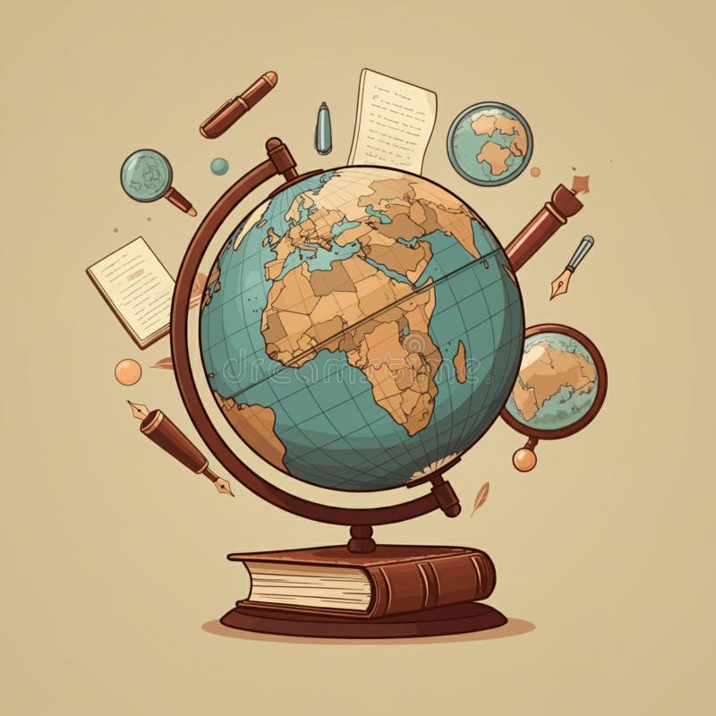 AI-Generated Image: Globe on Book with Writing Tools Floating Around ...