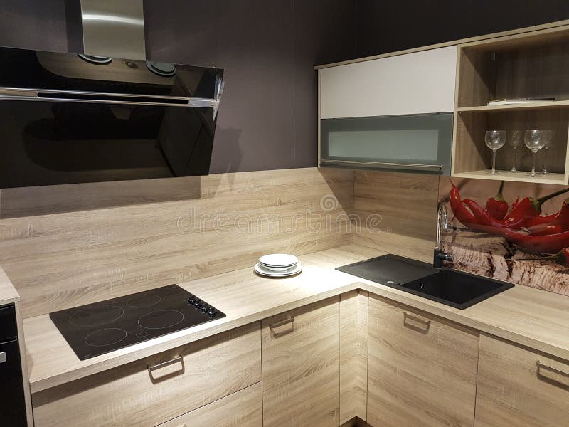 Part of the Light Brown Kitchen Under Artificial Light Stock Photo ...