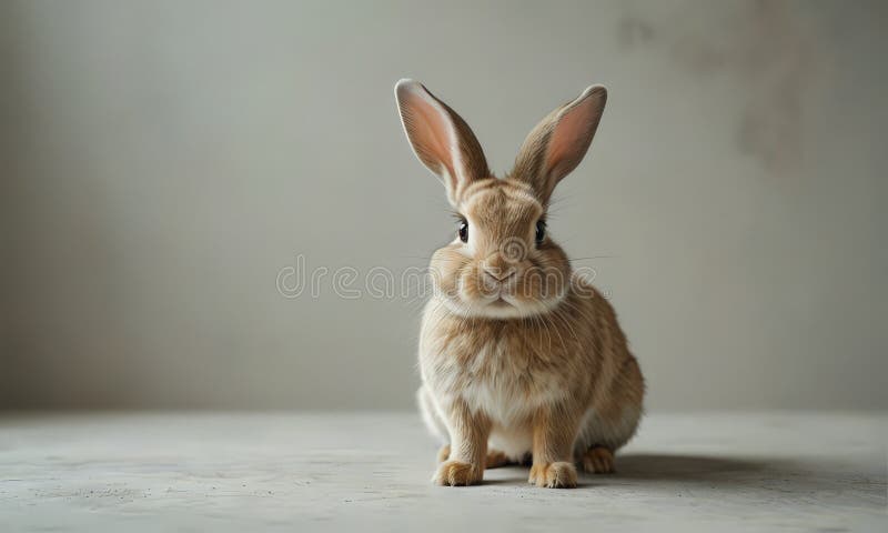 Light Brown Rabbit with Large Ears Sits on Gray Floor, Gazing Directly ...
