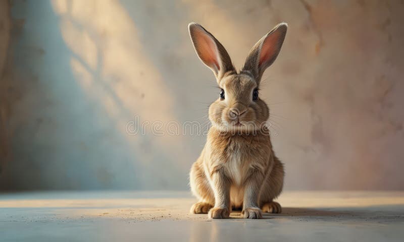 Light Brown Rabbit Sits on White Surface, Facing the Camera with Alert ...