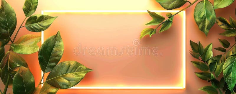 Light Brown Rectangular Frame with Green Leaves on Warm Glowing ...