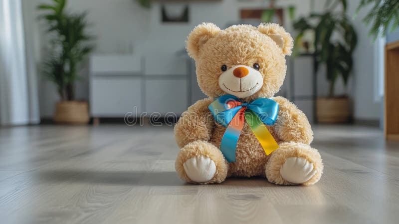 A Light Brown Teddy Bear Sits on a Floor with a Rainbow Ribbon Stock ...