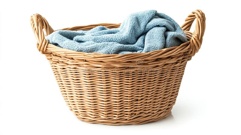 A Light Brown Wicker Laundry Basket Filled with a Light Blue Towel Sits ...