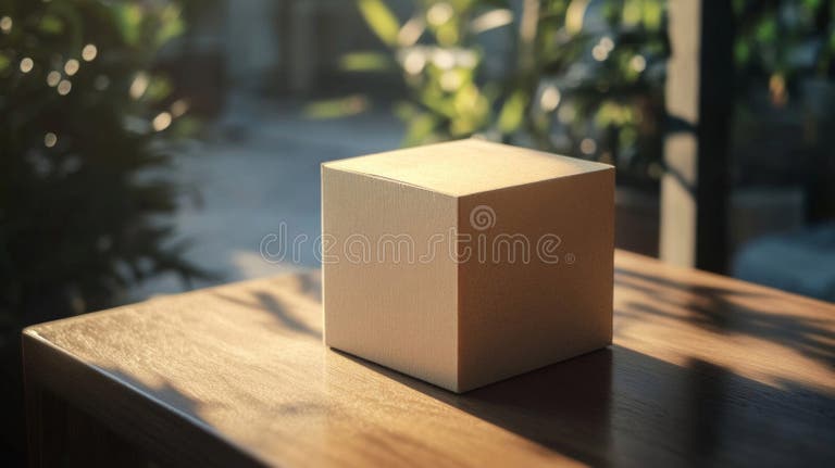 Light Brown Wooden Cube on Table with Sunlight and Green Background ...