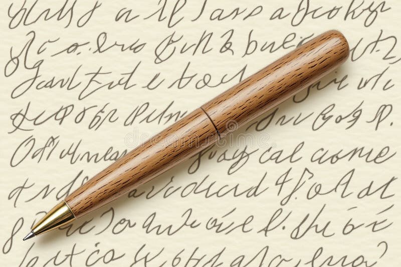 Light Brown Wooden Pen on Handwritten Cursive Script Stock Illustration ...