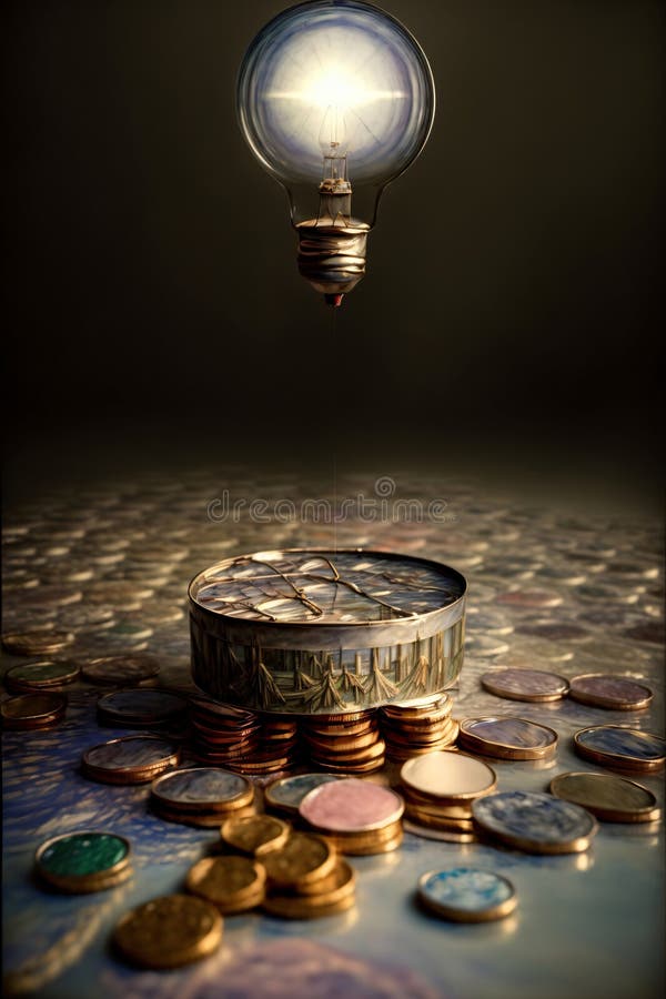 A Light Bulb Above a Pile of Coins. Generative AI Stock Illustration ...