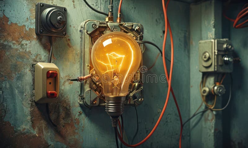 A Light Bulb is Attached To a Wall with Wires and a Switch. Stock ...