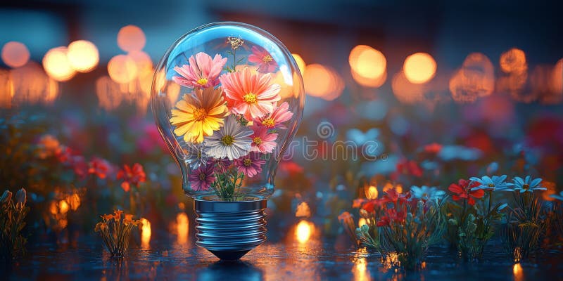 A Light Bulb with Blooming Flowers Inside, Symbolizing Creative Growth ...