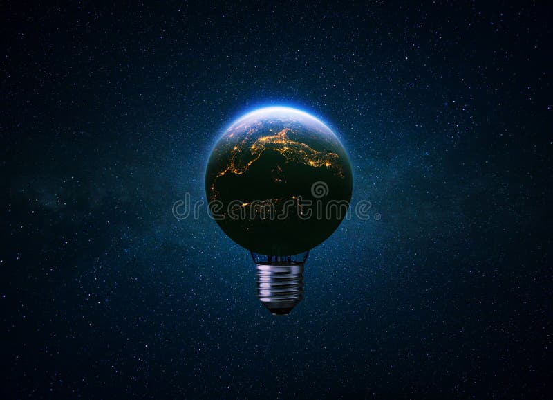 Light Bulb Blue Planet Earth with Glow of Night Cities in Space ...