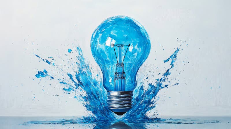 Light Bulb with Blue Water Splash on Reflective Surface, Creative ...