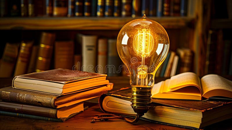 A Light Bulb and Books on a Table Stock Image - Image of lamp, stack: 326835895