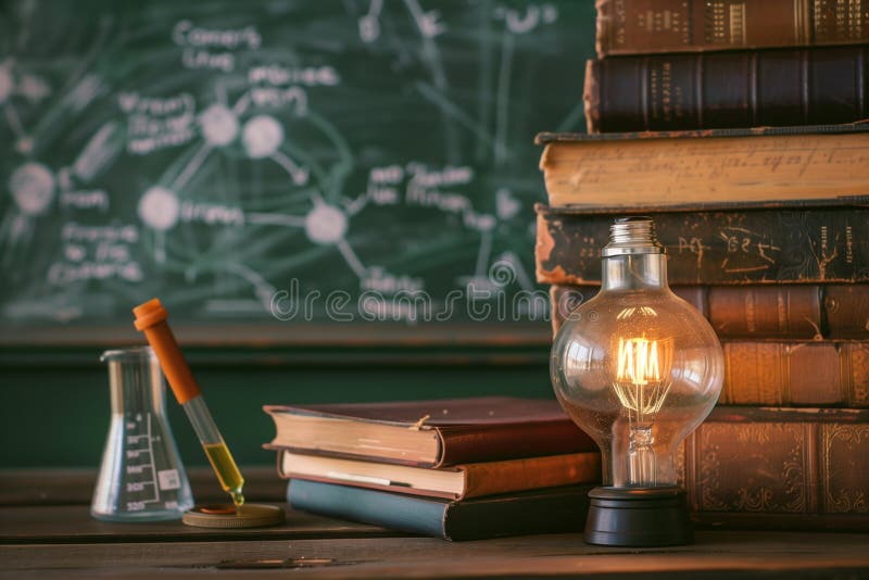 Light Bulb and Books on Table in Science Classroom.by Generative Stock ...