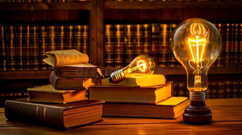 A Light Bulb and Books on a Wooden Table Stock Photo - Image of wooden ...