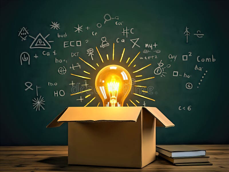 Light Bulb in Box, Writing on Wall, Green Chalkboard Behind Stock ...