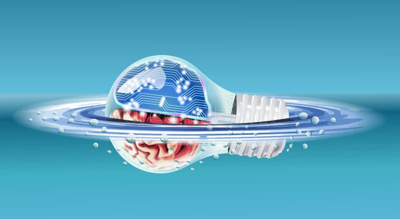 Light Bulb with Brain and Electronic Circuits Floating in Water Stock ...