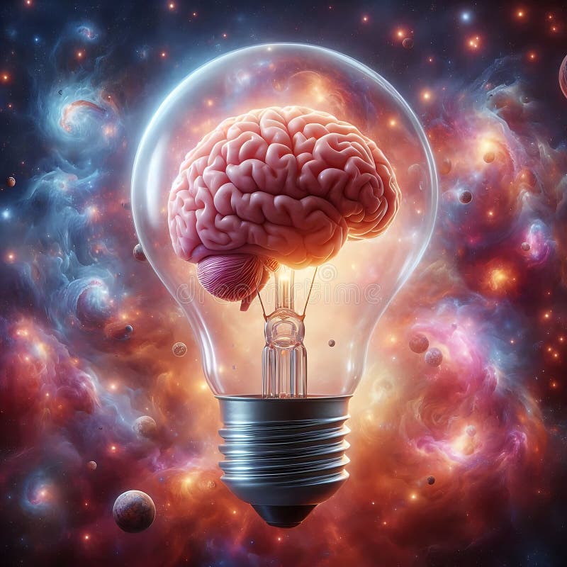 Light Bulb with Brain Inside Against Abstract Galactic Backdrop. Merge ...