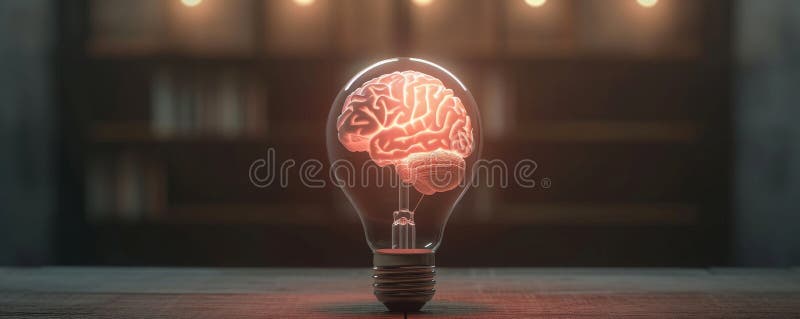 Light Bulb with Brain Inside on Wooden Table, Innovation and Creative ...