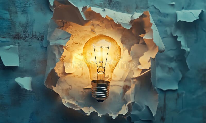 Light Bulb Breaking through Paper, Illuminating Space, Creative Concept ...