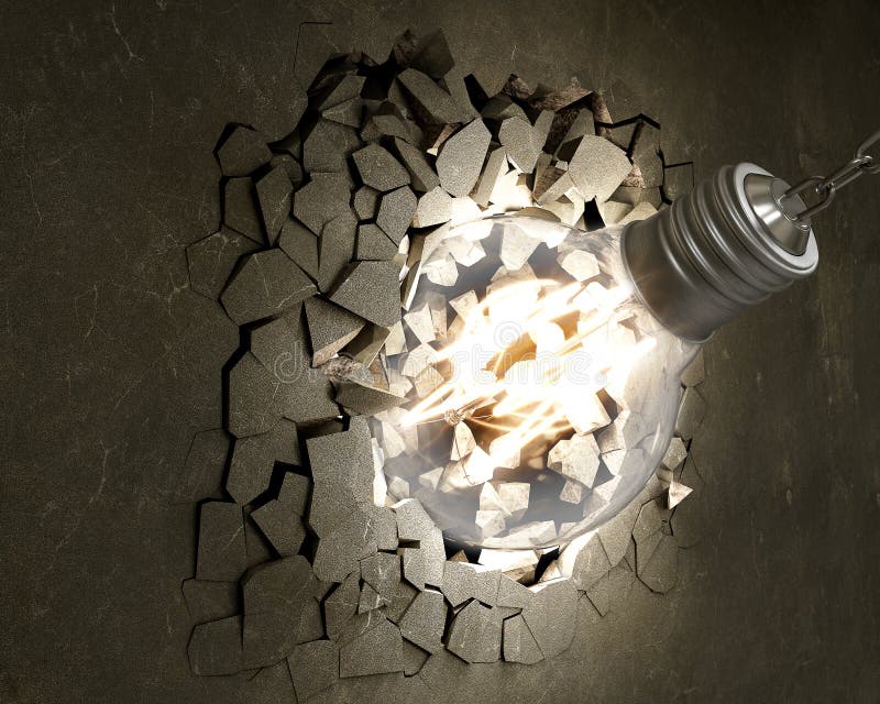 Light Bulb Breaks the Wall instead of the Wrecking Ball. Stock ...