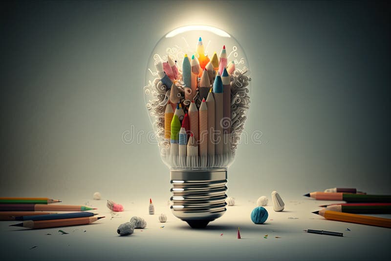Light Bulb Bright Idea and Creative Thinking with Many 3D Pencil Drawn ...