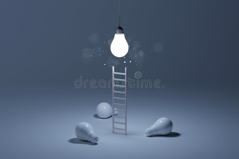 Light Bulb Bright Outstanding among Lightbulb with Ladder on White ...