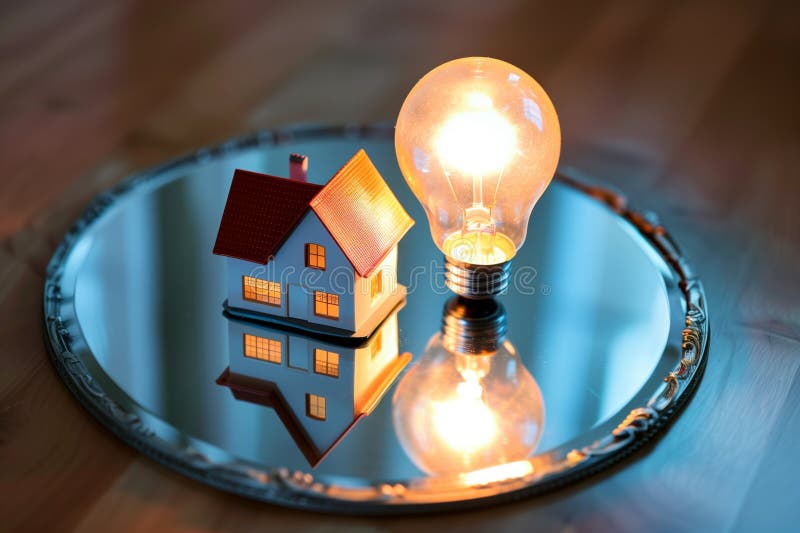 Light Bulb Bright Under Mini House on Mirror Surface Stock Image ...