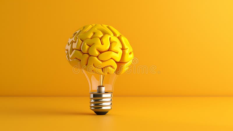 Light Bulb with Bright Yellow Brain Design on Top Against Solid Yellow ...