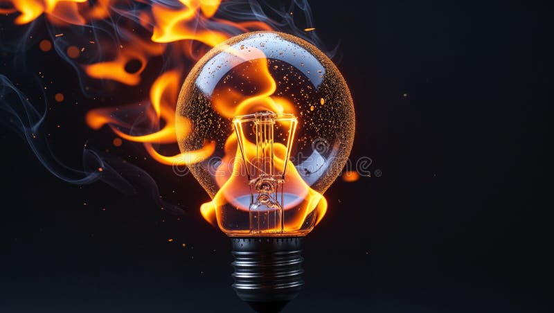 Light Bulb Burning with Bright Flames on Dark Background Stock Photo ...