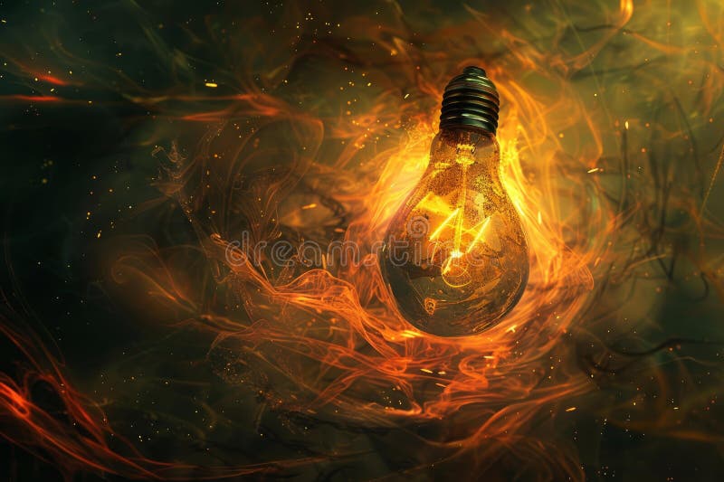Light Bulb Burning with Bright Idea Emerging through Flames Stock Photo ...