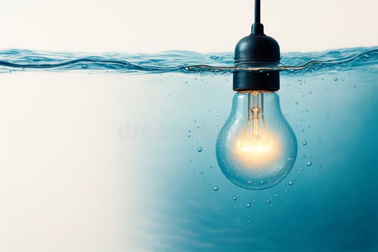 A Light Bulb Burning Underwater in a Clean, Transparent Liquid. Space ...