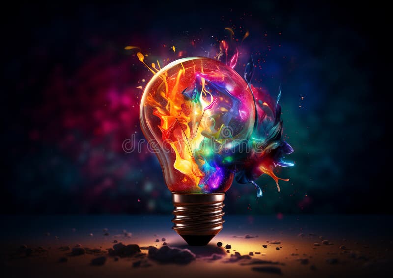Light Bulb Bursting with Colorful Paint, Inspiration Theme, Dark ...